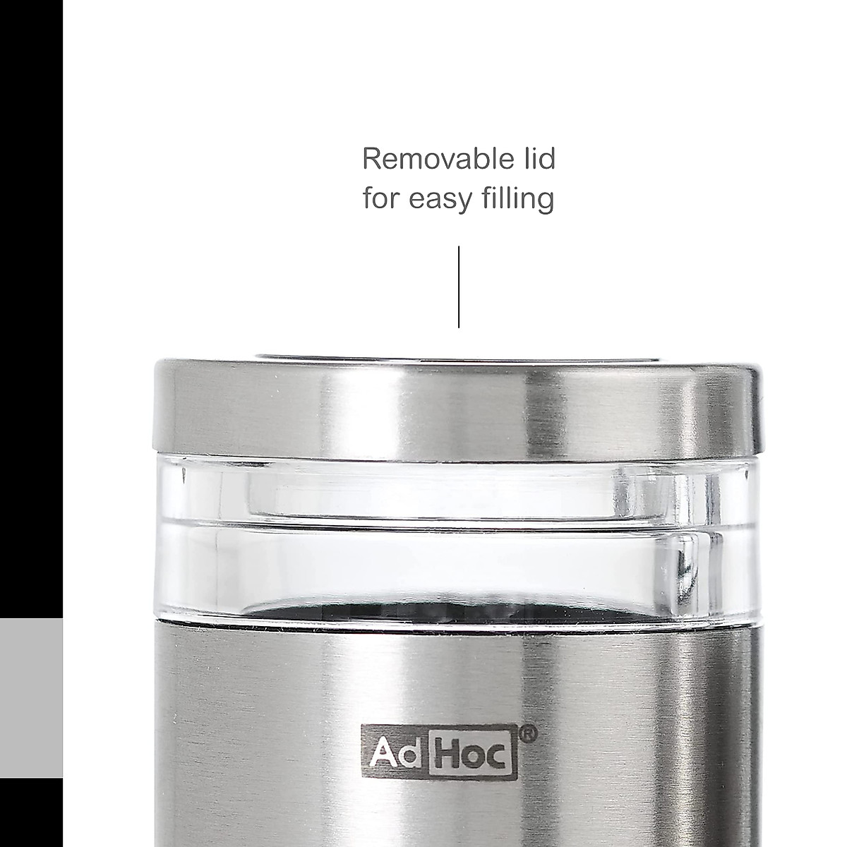 Adhoc Menage Molto Pepper and Salt Mills - Adjustable Salt & Pepper Grinders with a Wooden Carrying Tray - Refillable Spice Tools - Hand Wash Kitchen Tool - Stainless Steel, 5"