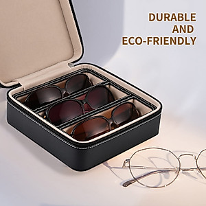 ROSELLE Eyewear Travel Case for women men, Luxury leather 3-Slot Eyeglasses Storage Box for Multiple Glasses and Sunglasses(Black)