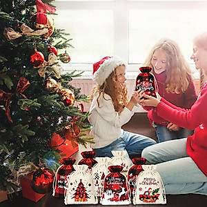 Huhumy 60 Pcs Christmas Burlap Bags with Drawstring Plaid Party Favor Gift Bags Mini Candy Goodies Bag Black and Red Plaid Treat Bags for Christmas Party Birthday Supplies (5 x 7 Inch)