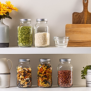 [6 Pack] 32 oz. Regular-Mouth Glass Mason Jars - with Metal Airtight Lids and Bands 1 quart Large for Canning, Preserving, & Meal Prep