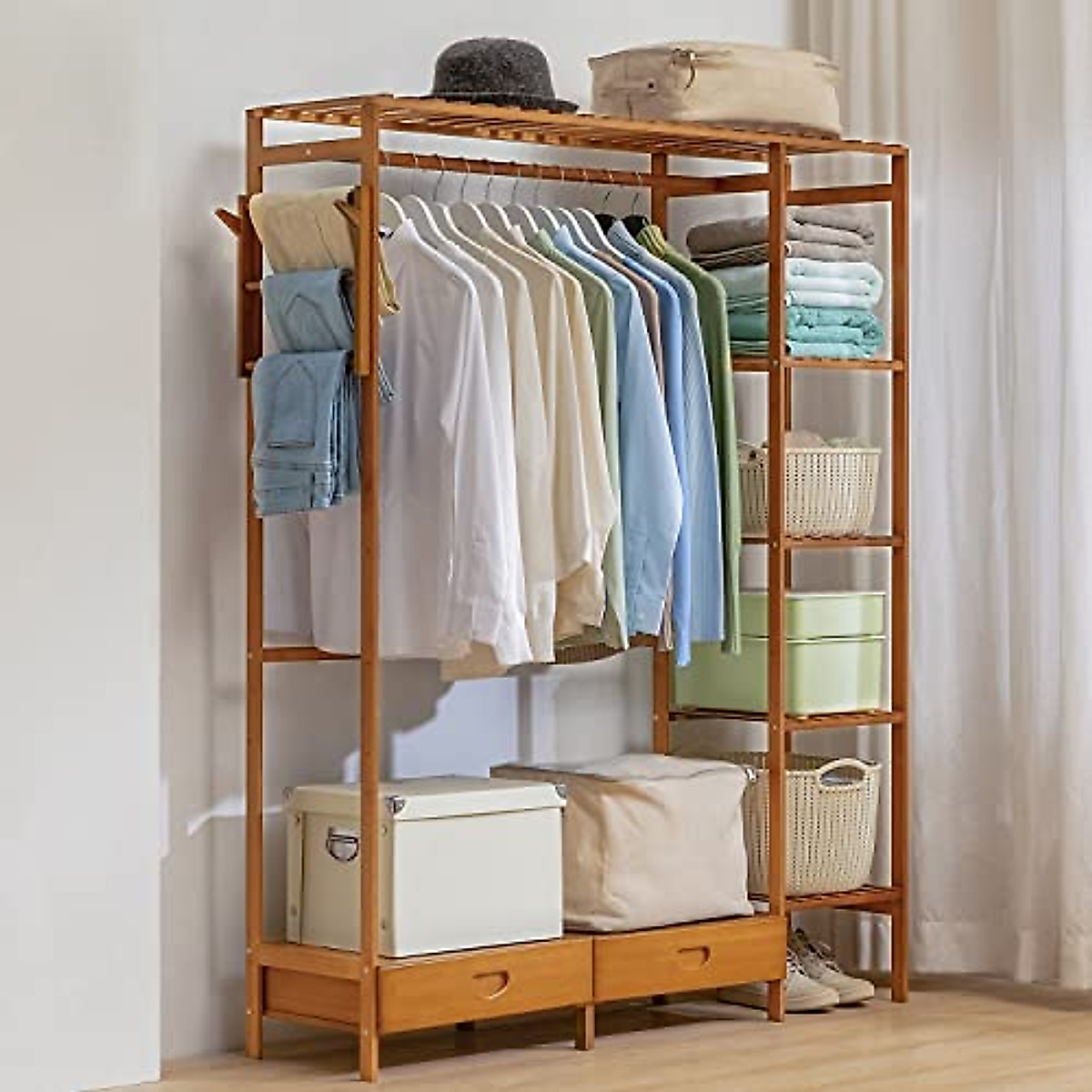 MoNiBloom Bamboo Clothes Rack, Freestanding Closet Organizer with 2 Drawers and a Hanging Rob, Extra 5 Clothing Storage Shelving for Bedroom Living Room, Brown