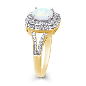 Jewelili Yellow Gold Over Sterling Silver 7x7 MM Cushion Cut Created Opal and Created White Round Sapphire Double Halo Ring, Size 7