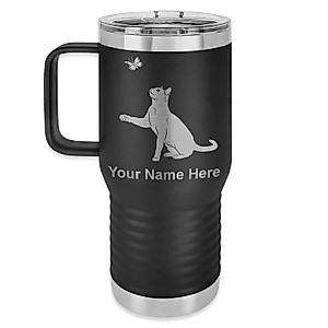 LaserGram 20oz Vacuum Insulated Travel Mug with Handle, Cat with Butterfly, Personalized Engraving Included (Black)