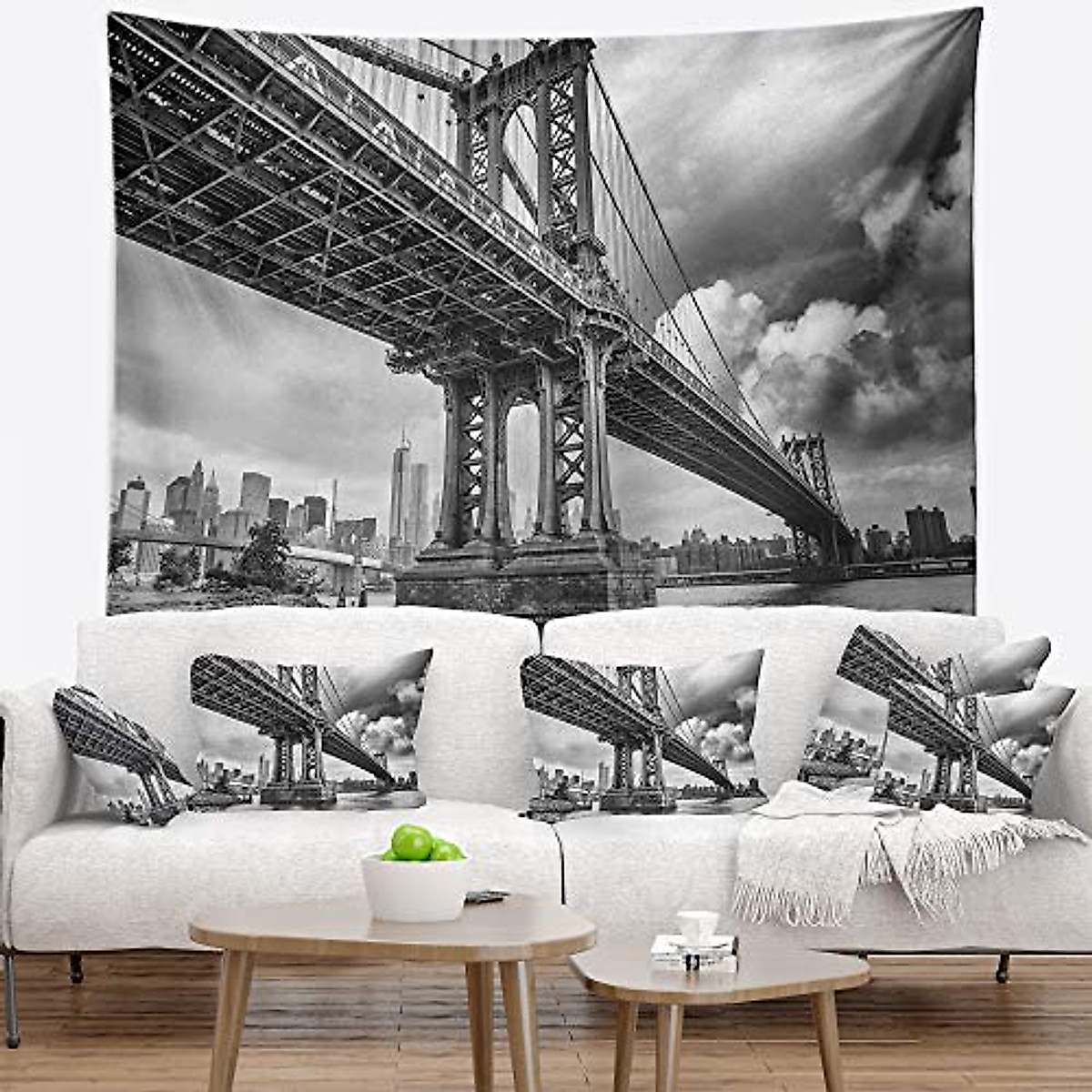 Designart 'Manhattan Bridge in Gray Shade' Cityscape Photo Tapestry Blanket Décor Wall Art for Home and Office, Created On Lightweight Polyester Fabric x Large: 92 in. x 78 in