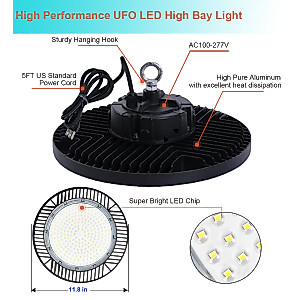 200W LED High Bay Lights, UFO LED High Bay Light, 28,000 LM(Eqv.800W MH/HPS), 5000K Daylight, IP65, 5ft Cable with US Plug, Safe Rope for Garage/Warehouse/Workshop - Pack of 1