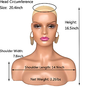Voloria Realistic Female Mannequin Head with Shoulder Manikin PVC Head Bust Wig Head Stand with Makeup for Wigs Necklace Earrings Light Brown