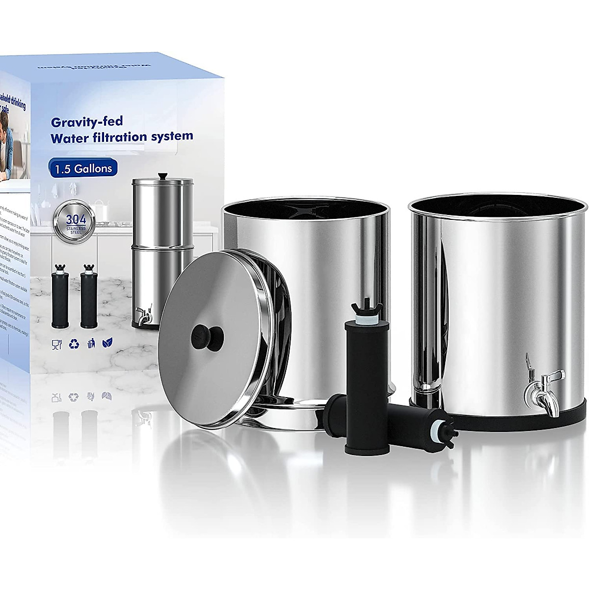 Purewell Gravity-Fed Water Filter System, Small Capacity 1.5 Gallon Stainless Steel Countertop Filtration System with 2 Black Purification Elements for Home and Outdoor Use