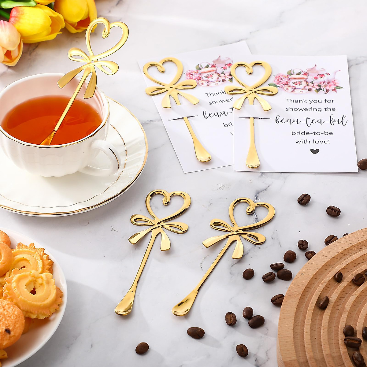 Skybooly 25 Sets Bridal Shower Tea Party Favors for Guests Mini Coffee Spoons Small Tea Spoons Heart Spoon Love Spoon with Bow with Thank You Cards Wedding Souvenirs Tea Party Supplies