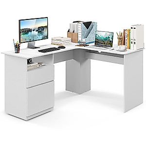 Tangkula L-Shaped Desk with 2 Storage Drawers, 59” Corner Computer Desk with File Drawer & Open Shelf, Computer Workstation with 2 Cable Management Holes, Space-Saving Executive Office Desk (White)
