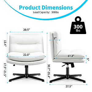 Darkecho Office Chair Armless Desk Chair No Wheels,Thick Padded Leather Home Office Chairs, Adjustable Swivel Rocking Vanity Chair, Wide Task Computer Chair for Office,Home,Make Up,Bedroom White