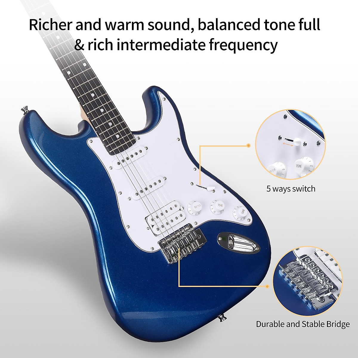 ADM Electric Guitar Beginner Kit 39 Inch Full Size Guitar Package with Amplifier, Bag, Strap, String, Tuner, Cable and Picks, Blue