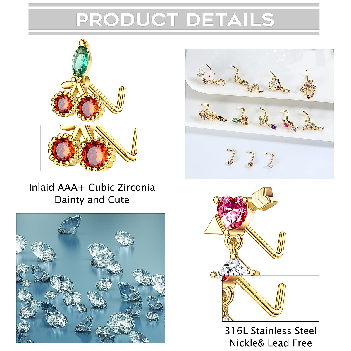 Sanfenly 12Pcs 20G Dangle Nose Studs for Women Stainless Steel L Shaped Nose Studs CZ Cherry Snake Heart Butterfly Flower Moon Dangling Nose Piercing Jewelry