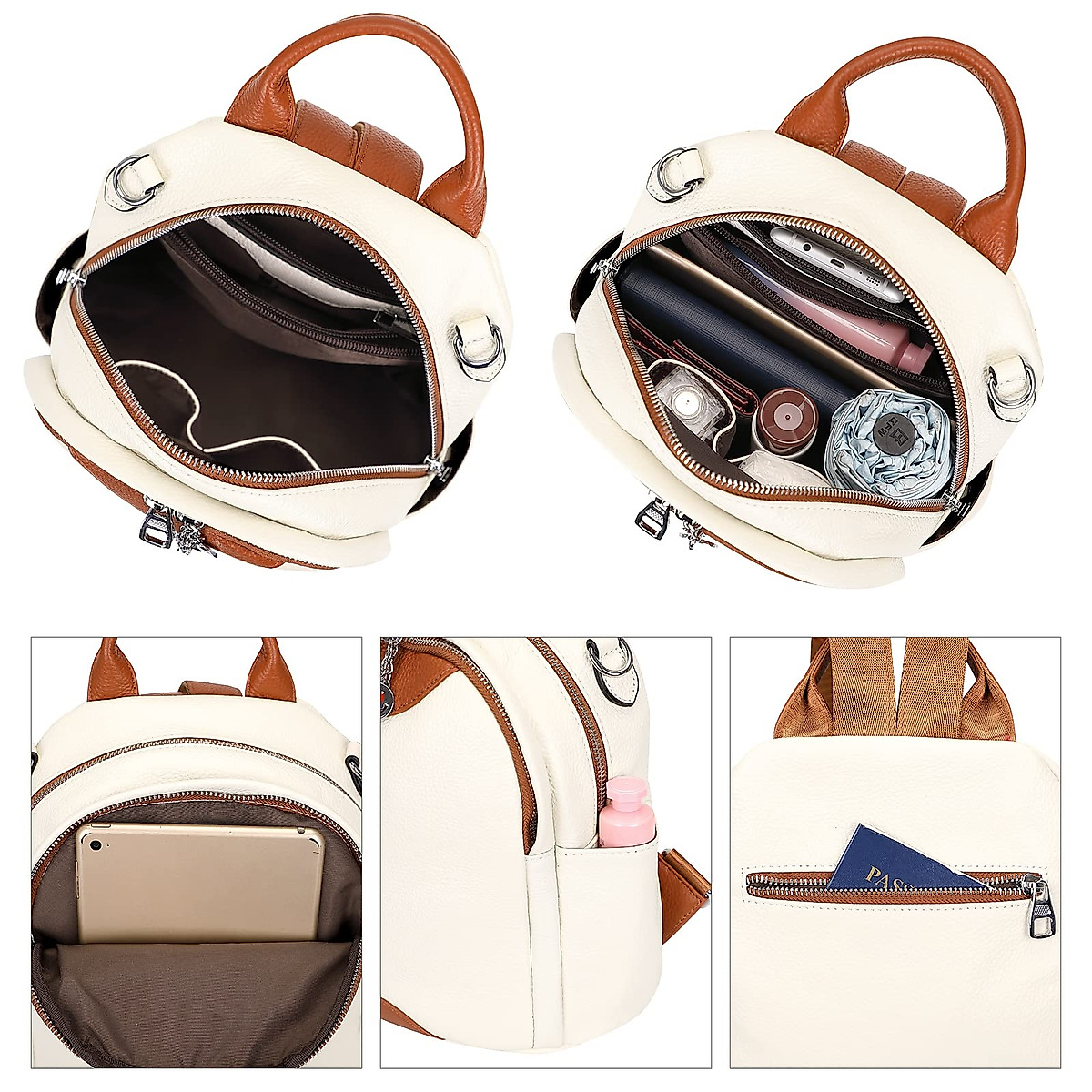 ALTOSY Soft Genuine Leather Backpack for Women Small Convertible Backpack Purse Shoulder Bag for Ladies (S97 White/Brown)