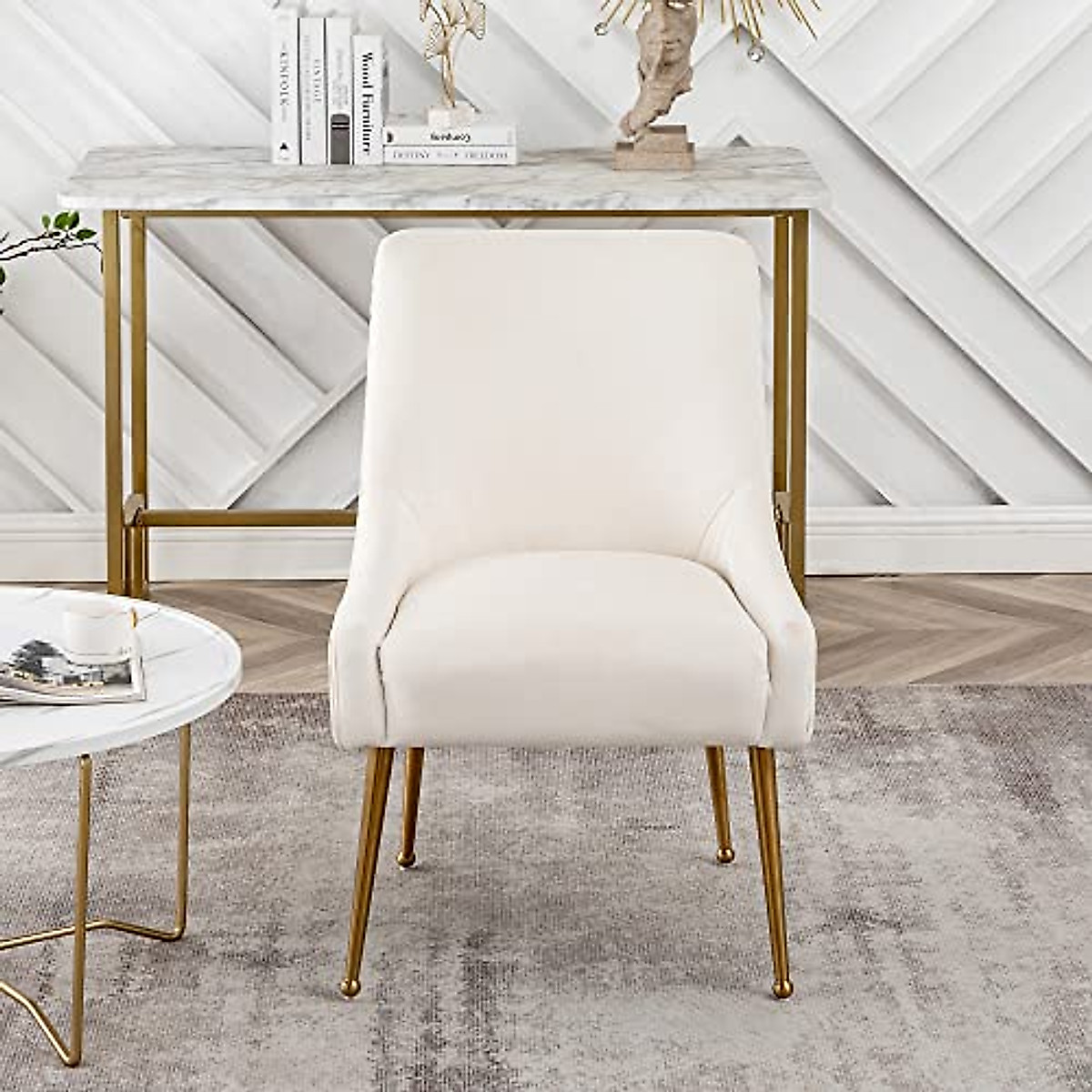 KINWELL Upholstered Dining Chairs, Modern Accent Side Chair with Pleated Back and Pull Handle, Velvet Armchair Desk Chair with Gold Metal Legs for Living Room, Home Office,Vanity(Beige)