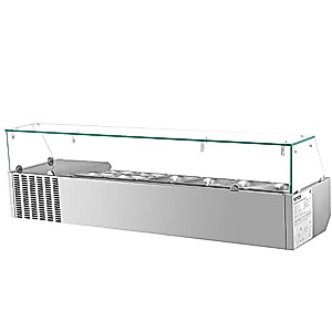 VEVOR Refrigerated Condiment Prep Station, 60-Inch, 16.8Qt Sandwich Prep Table w/ 4 1/3 Pans & 4 1/6 Pans, 146W Salad Bar w/ 304 Stainless Body Tempered Glass Shield Digital Temp Display Auto Defrost