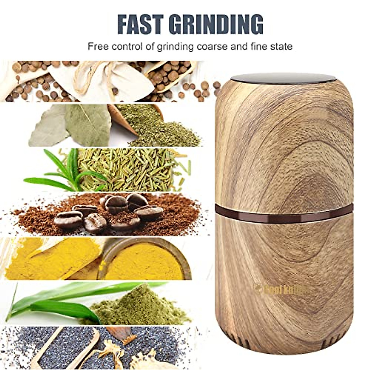 COOL KNIGHT Herb Grinder [large capacity/fast/Electric ]-Spice Herb Coffee Grinder with Pollen Catcher/- 7.5" (Wood grain)