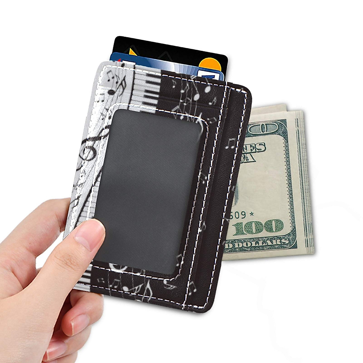 Linomo Thin leather Card Holder and Money Clip Music Note Musical Piano Wallet RFID Blocking for Men & Women