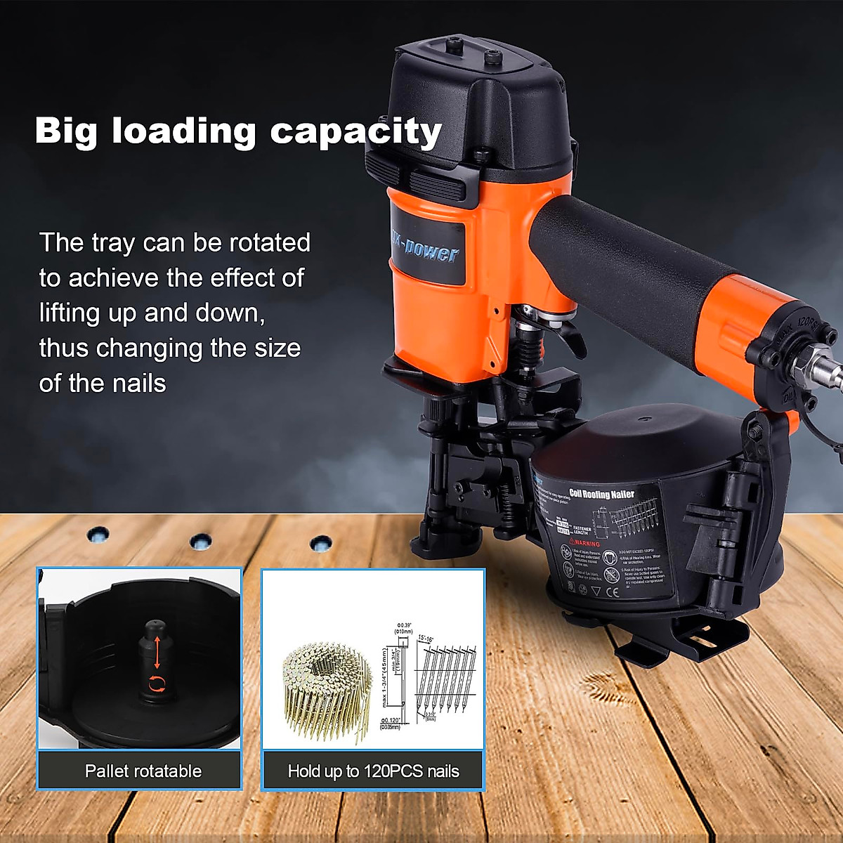 Bgx-power Roofing Nail Gun, 15 Degree CN45N Roofing Nailer 3/4-Inch to 1-3/4-Inch Coil Nails, 120-pcs Load Capacity Coil Nailer