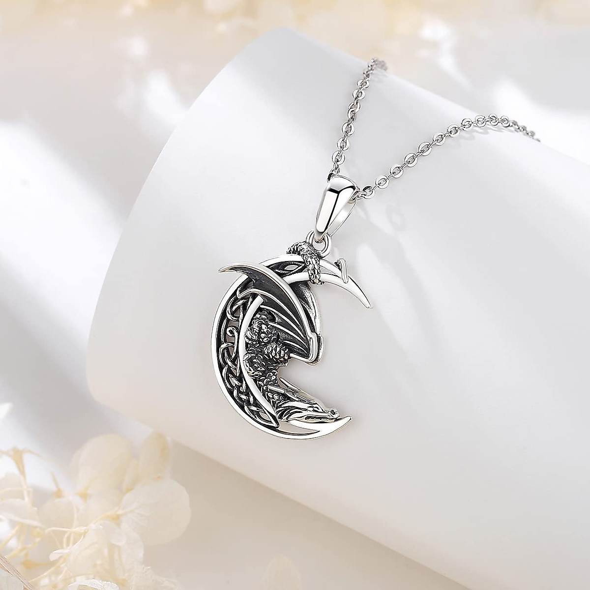 Vito Sterling Silver Celtic Moon Dragon Necklace for Women Men, Vintage Aesthetic Crescent Pendant Jewelry Gift for Husband, 18 inch Chain