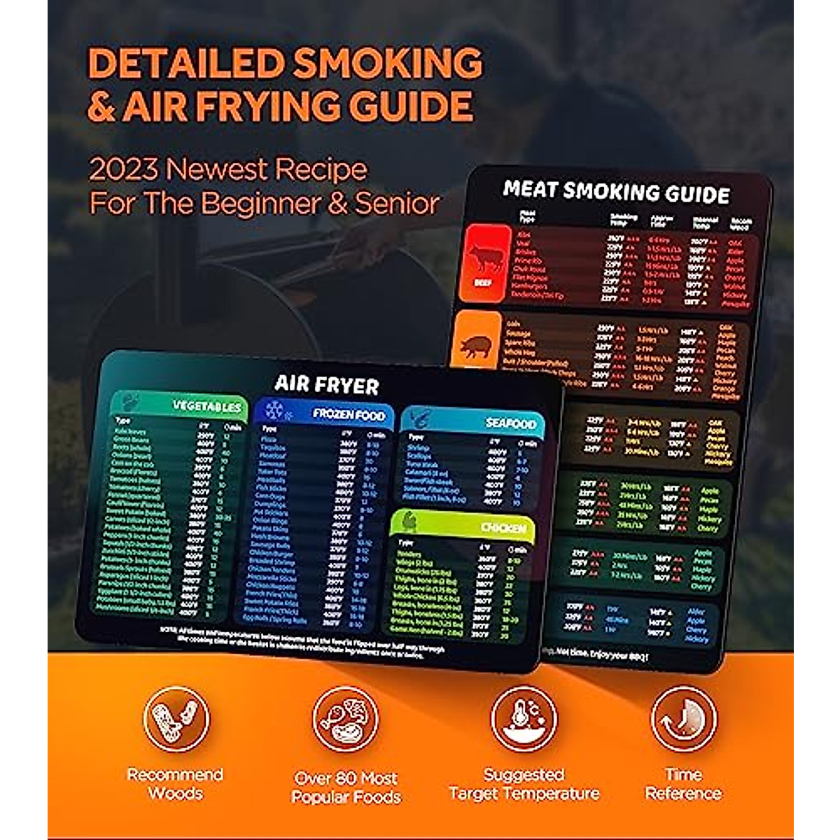 2023 Newest 2-in-1 Magnetic Meat Smoking Guide & Air Frying Guide with Temperature, Time & Wood Flavors, Useful Air Fryer & Smoker Accessories Kitchen Gadgets, Waterproof Magnet Sheet For Quick Reference