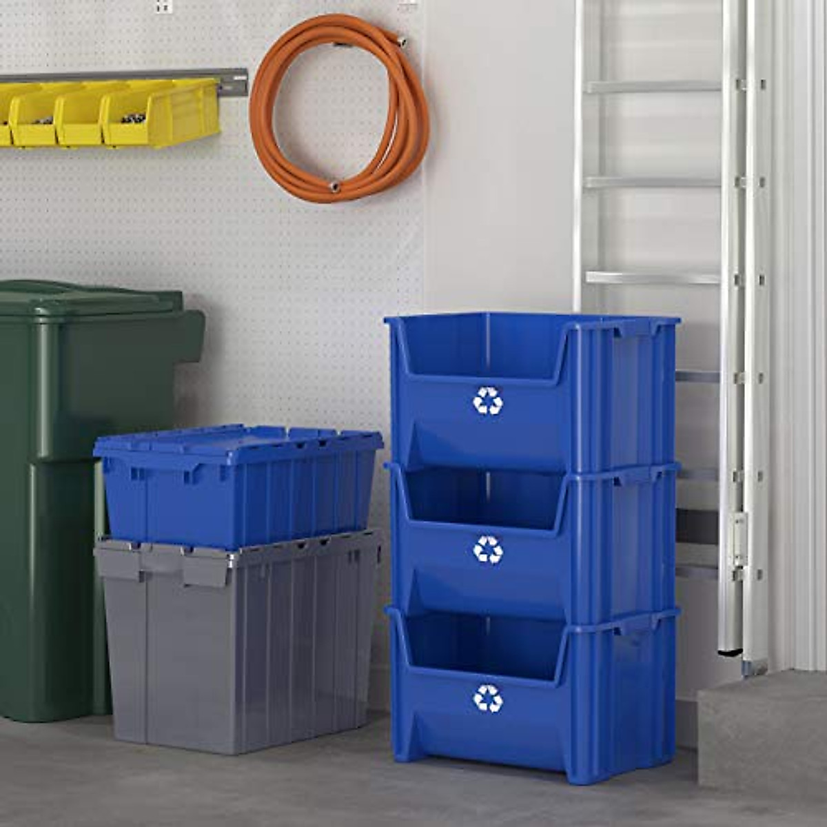 READYSPACE Commercial Industrial Heavy Duty Stackable Open-Front Recycling Bin Box Containers, 12.5 Gallon, 3 Pack, Blue