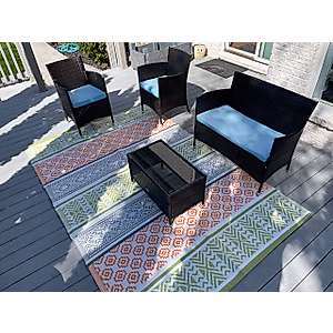 BalajeesUSA Outdoor Rugs 9x12 ft Large Plastic Patio Green, Orange Affordable Multipurpose Woven Plastic Straw All-Weather Waterproof Reversible Camper mat Backyard Picnic Sports Camps Tent Picnic