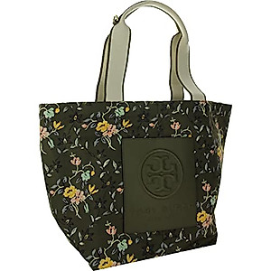 Tory Burch Womens Floral Print Leather Trim Tote Handbag Green Large