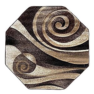 Nikos Sculpture Modern Octagon Area Rug Chocolate Brown Black & Beige Sculpture Design 258 (5 Feet 6 Inch X 5 Feet 6 Inch )