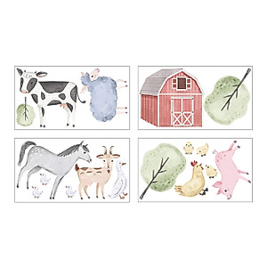 Sweet Jojo Designs Farm Animals Large Peel and Stick Wall Decal Stickers Art Nursery Decor Mural - Set of 4 Sheets - Watercolor Farmhouse Barn Horse Cow Sheep Pig Chicken Sheep Goat Barnyard