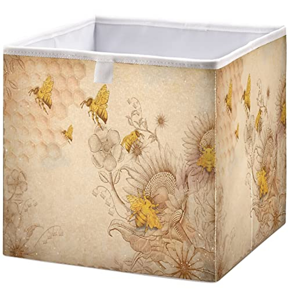 visesunny Closet Baskets Vinatge Style Sunflower Bee Storage Bins Fabric Baskets for Organizing Shelves Foldable Storage Cube Bins for Clothes, Toys, Baby Toiletry, Office Supply