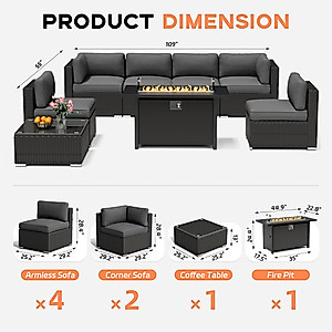 Oakcloud 8-Piece Outdoor Patio Furniture Sofa Set with 45” Propane Gas Fire Pit Table, Black Rattan Wicker Sectional Conversation Sets with Glass Top Table and Cushions(Grey, w/Fire Pit Table)