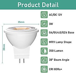 Aluxcia 3W MR11 GU4.0 LED Light Bulbs 12V, G4/GU4/GZ4 Bi-Pin Base LED Spotlight 35W MR11 GU4 Halogen Replacement for Track, Landscape, Cabinet, Recessed Lighting Warm White 3000K, 2-Pack…