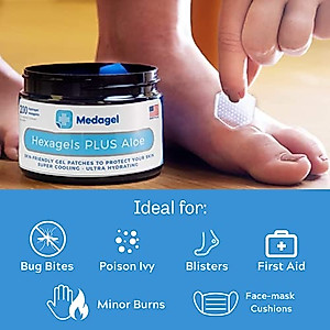 Medagel Hexagels Plus Aloe Vera - Hydrogel Pads Protection & Treatment | Blister Prevention | Instant Cooling and Soothing Relief of Skin Irritations | 200ct Hexagon Pads (Original Formula)