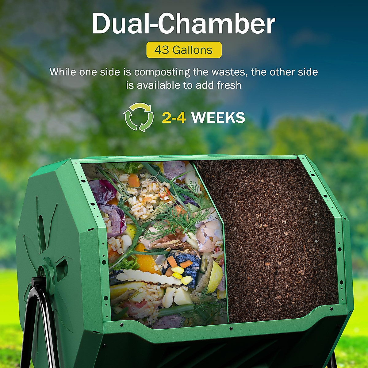 Saicool Large Dual Chamber Composting Tumbler Outdoor Garden Rotating Compost Bin Tumbling Composter with Sliding Door, (43 Gallon,Green)