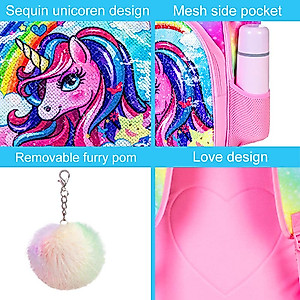 TXHVO 3PCS Unicorn Backpack, 16" Rainbow Sequin Bookbag for Girls, Elementary Preschool Preschool School Backpacks with Lunch Box - Pink