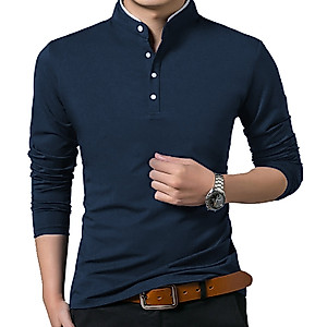 KUYIGO Men’s Casual Slim Fit Shirts Long Sleeve Polo Shirts Cotton Shirts Medium Navy