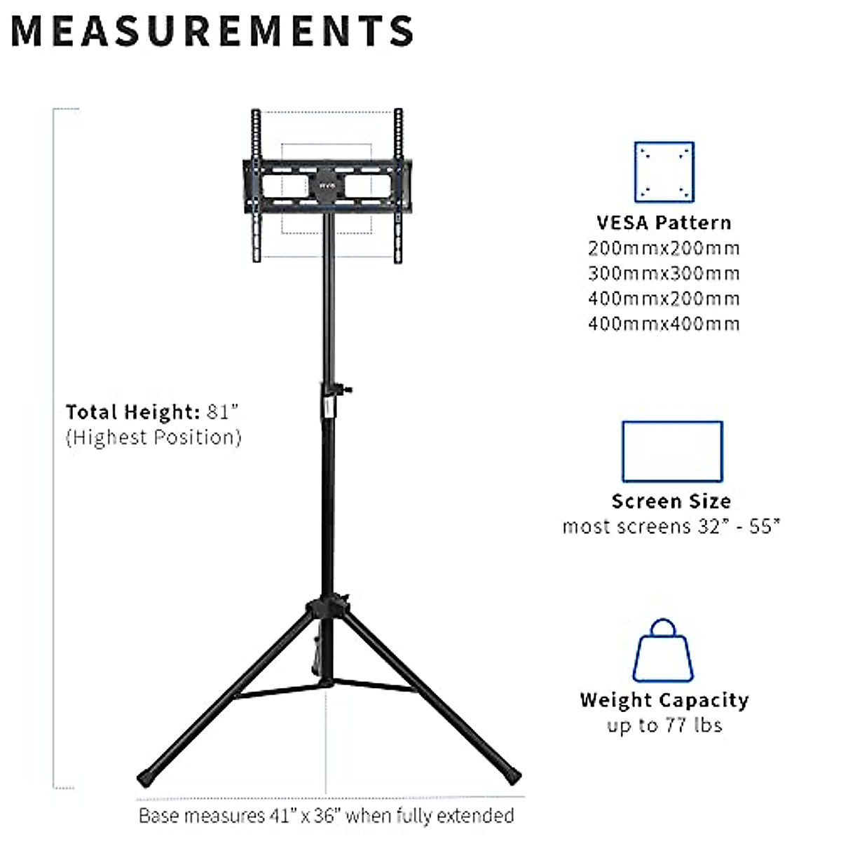 VIVO Tripod 32 to 55 inch LCD LED Flat Screen TV Display Floor Stand, Portable Height Adjustable Mount, Black, STAND-TV55T