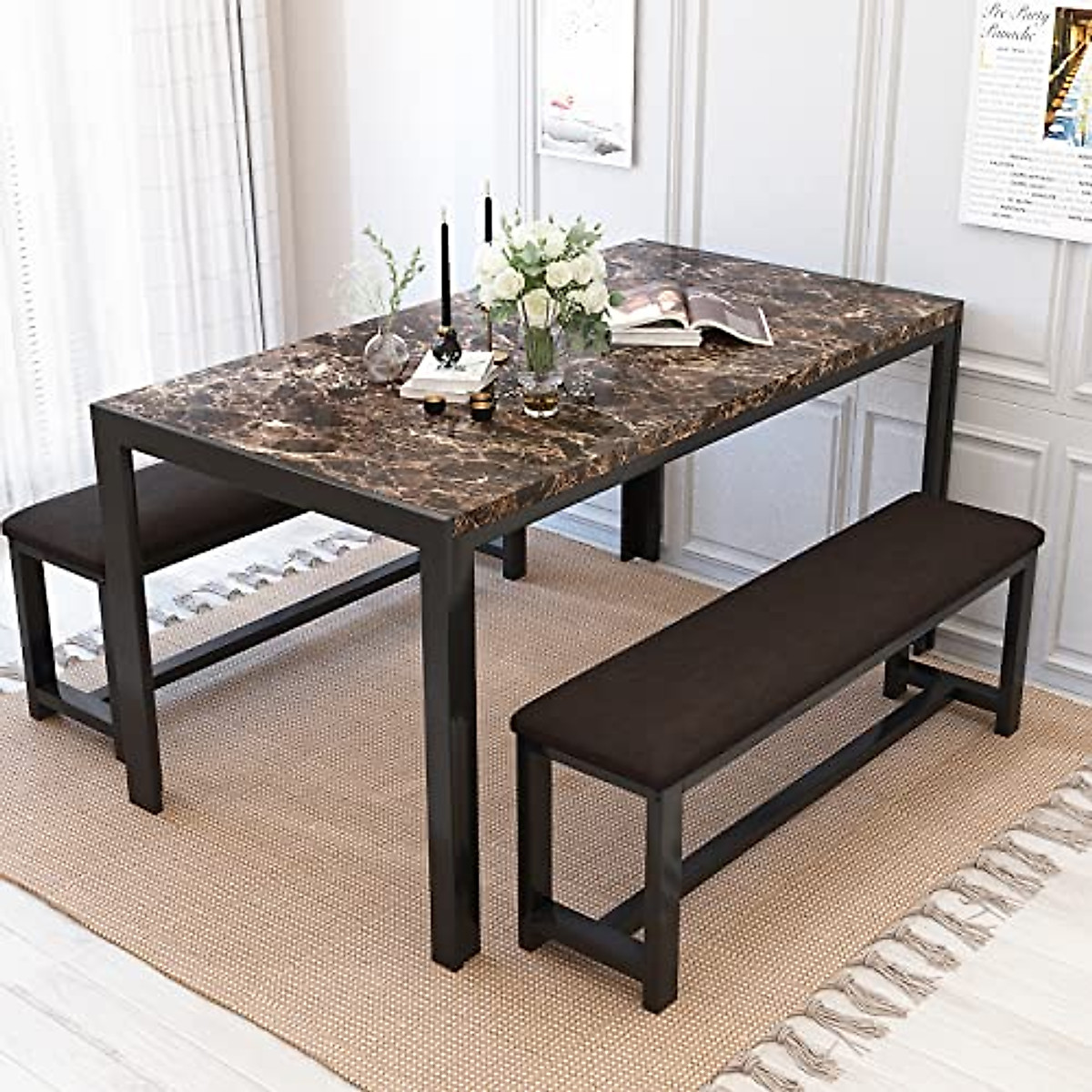 DKLGG Dining Room Table Set for 4, Faux Marble Kitchen Table with 2 PU Leather Upholstered Dining Benches, Upgrade Dinner Table Set for 4-6, Kitchen & Dining Room Tables for Small Space Apartment