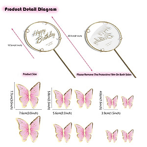 11-Pieces Pink Gold Butterfly Cake Toppers Happy Birthday Metal Gold Happy Birthday Cake Topper Butterfly Birthday Cake Decorations Cake Butterfly Party Decorations