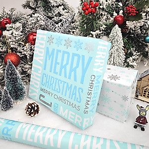LDGOOAEL Mini Short Small Wrapping Paper Roll - Reversible Design (17" X 120") - Blue Merry Christmas Lettering & Snowflakes