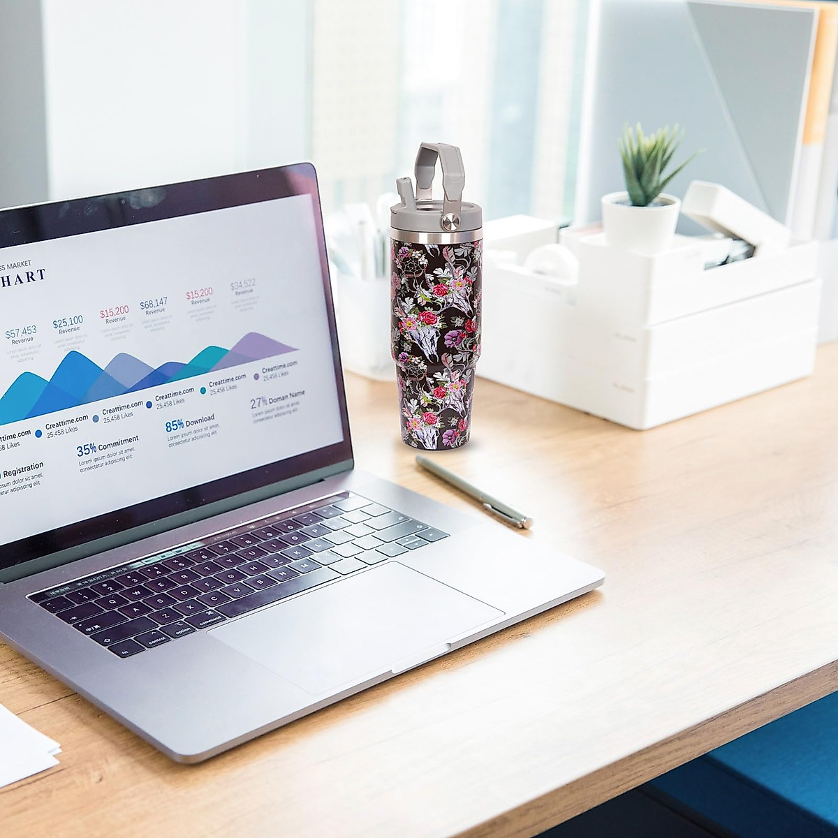 JIU HONG CHAO 30 oz Cow Skull flower Travel Tumbler with Straw Lid, Stainless Steel Floral Travel mug with Handle Insulated Cup West Mother's Day Gifts for Women Mom (Black Bullskull, 30 OZ)