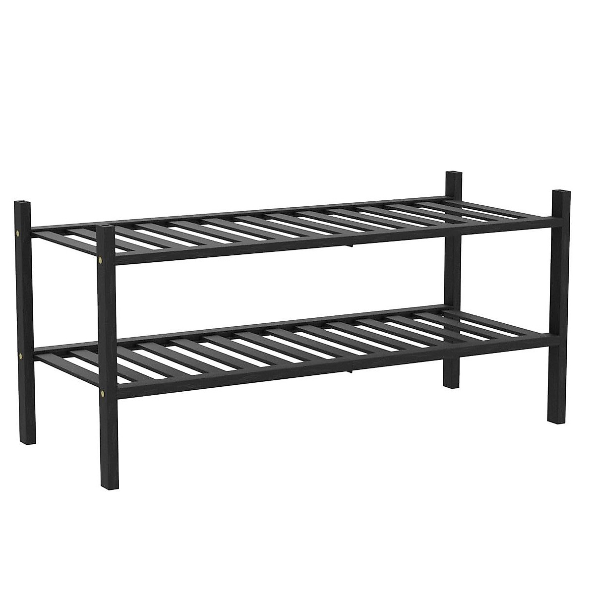 2-Tier Black Bamboo Shoe Rack for Entryway, Stackable | Foldable | Natural, Shoe Shelf Storage Organizer for Hallway Closet, Free Standing Shoe Racks for Indoor Outdoor