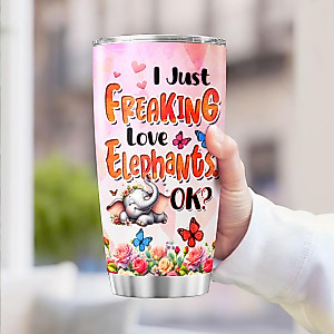 JENOIS Elephant Gifts, Tumbler 20 Oz With Lid And Straw, Floral Flower, Elephant Freaking Love