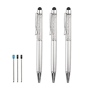 Bling Ballpoint Pens Crystal Diamond Pen Capacitive Touch Screen Stylus with Replacement Refills Rubber Tips for iPhone iPad Kindle Touchscreen Devices 3Pcs Writing Pen (Silver)