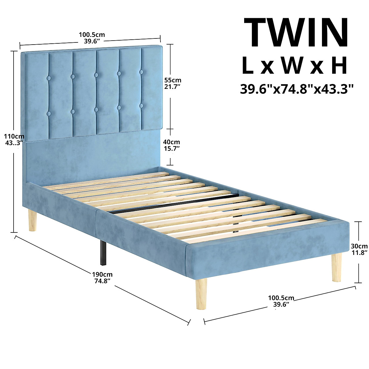 LIKIMIO Twin Bed Frames, Velvet Upholstered Platform Bed Frame with Headboard and Strong Wooden Slats, No Box Spring Needed/Noise-Free/Easy Assembly, Light Blue