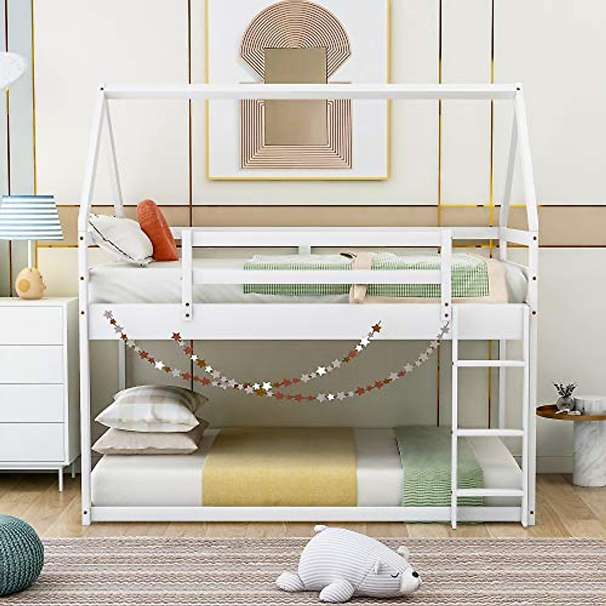 MERITLINE House Shaped Bunk Bed Twin Over Twin Size Wood Bunk Bed Frame Low Bunk Beds for Kids and Toddlers, Twin Size,White