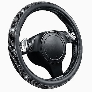 CAR PASS Bling Diamond Leather Steering Wheel Cover, With Bling Sparkly Crystal Glitter Rhinestones Universal Fit 14"1/2-15" Car Wheel Protector for Women Girl Fit Suvs,Vans,Sedans,Cars,Trucks, Black