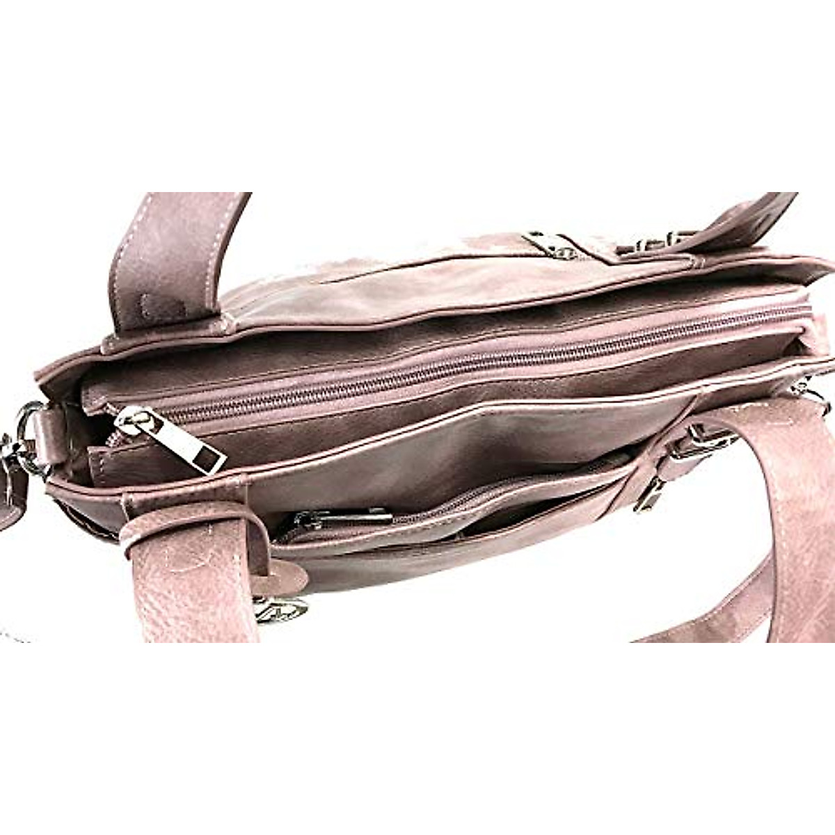 Zzfab Multi Pockets Double Handles Faux Leather Concealed Carry Purse with Hidden Locking Zipper Mauve