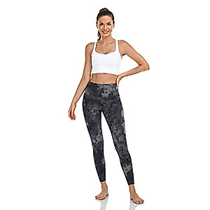 HeyNuts Leggings with Pockets for Women, High Waisted 7/8 Leggings Tummy Control Compression Workout Buttery Soft Pants 25'' Diamond Dye Coal Black S(4/6)