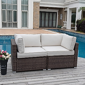 COSIEST 2-Piece Outdoor Furniture Loveseat Wicker Sectional Sofa Set w Off White Thick Cushions for Garden, Pool, Backyard